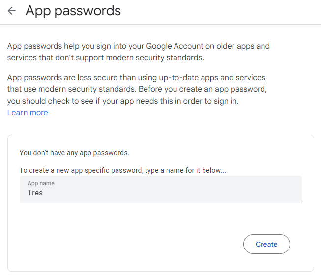 Gmail App Password – Tres Technologies